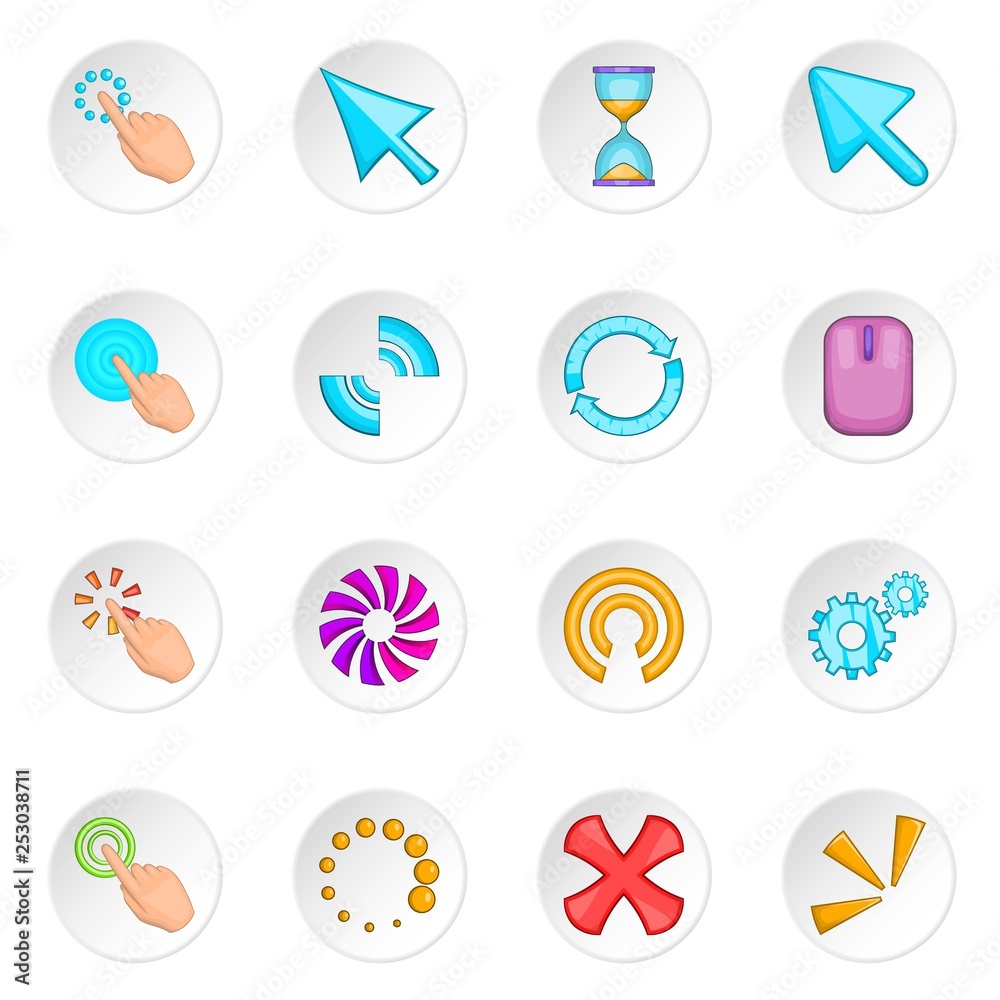 Click cursors icons set. Cartoon illustration of 16 Click cursors ...