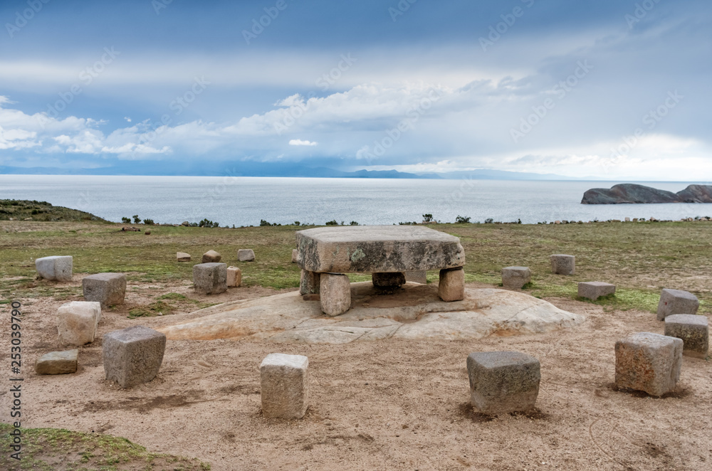 Stone table - sacrificial altar, ruins on the Island of Sun (Isla del ...