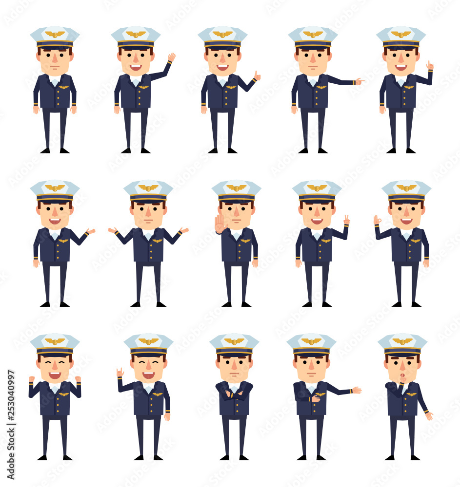 Set of airline pilot characters showing various hand gestures. Funny ...