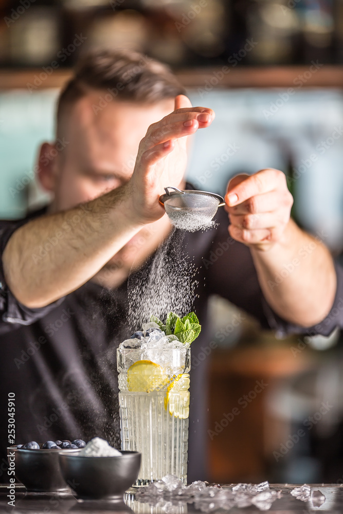 Professional barman making alcoholic cocktail drink with fruits sugar ...
