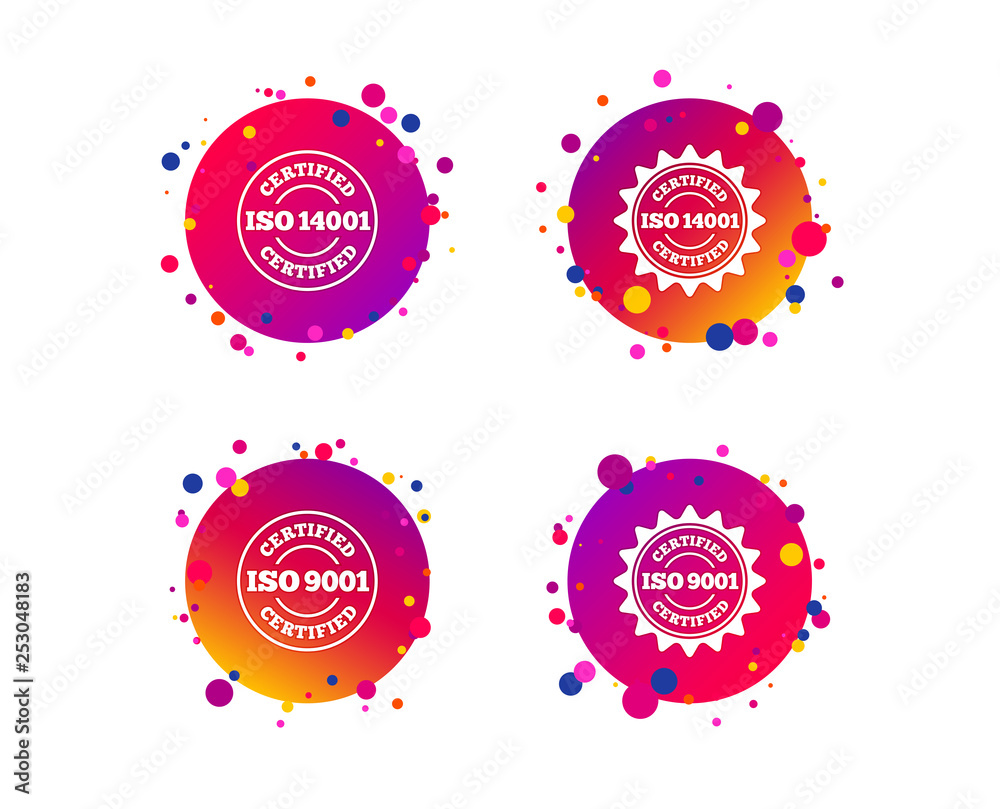 ISO 9001 and 14001 certified icons. Certification star stamps symbols ...