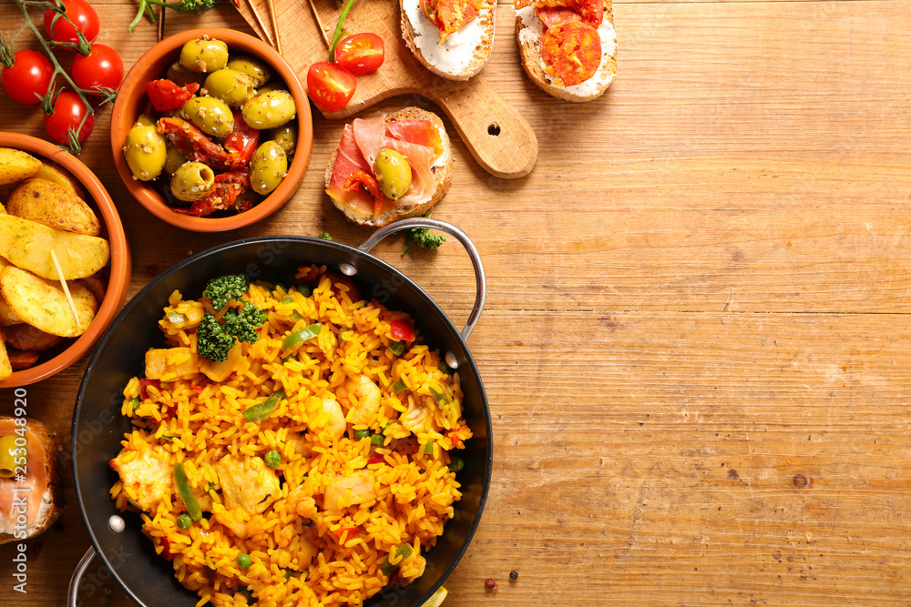 differents sort of spanish food. paella, tapas, potato,mussel Stock ...