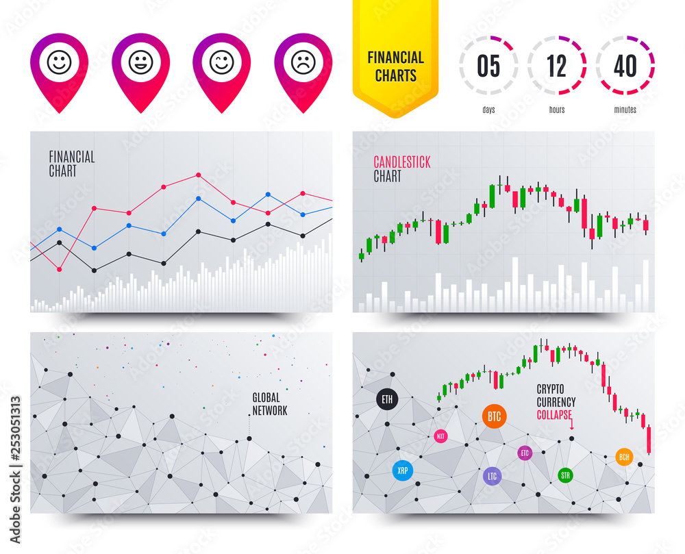 Financial planning charts. Smile icons. Happy, sad and wink faces ...