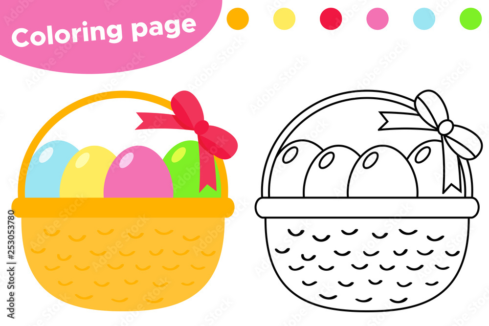 Easter coloring page, basket with colored eggs. Educational game for ...