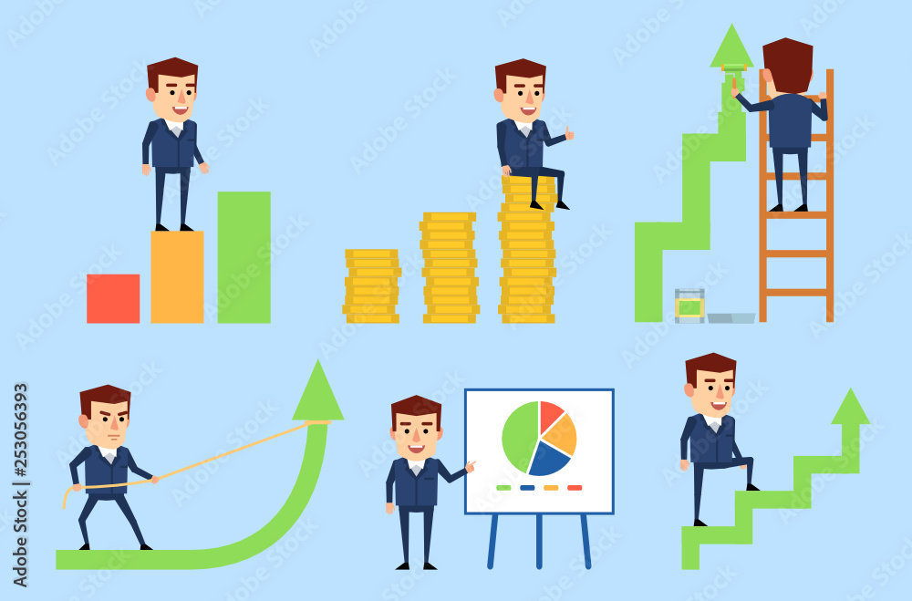 Set of businessman in blue suit posing with various diagrams, charts ...