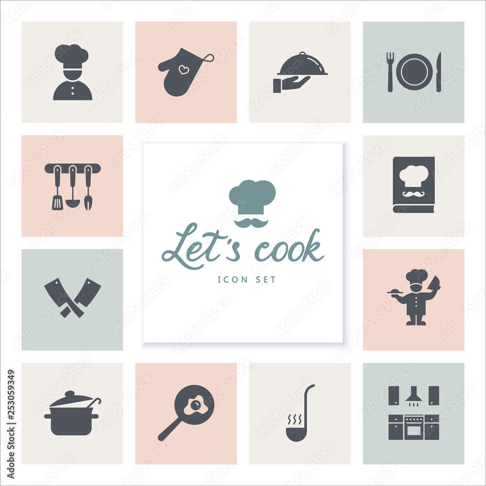 Set of icons on the kitchen theme, kitchen tools, logos, and lettering ...