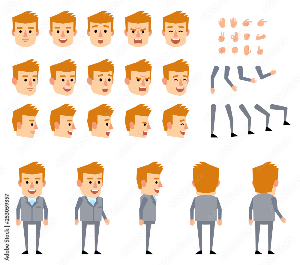 Blonde businessman in grey suit creation kit. Various gestures ...