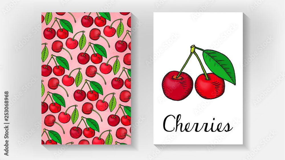 Vector Illustration of Cherries Card Template Sketch Style Stock Vector ...