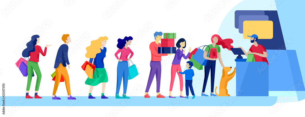 Angry People queue in supermarket with cashier, where to buy concept of ...