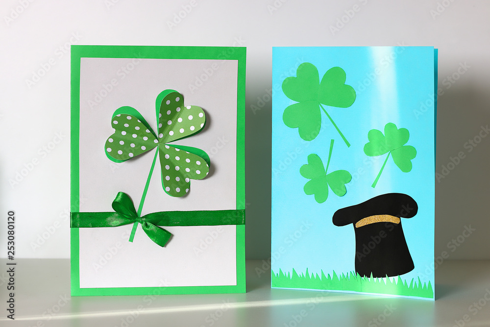 Diy St Patricks Day greeting card made cardboard and paper clovers gray ...