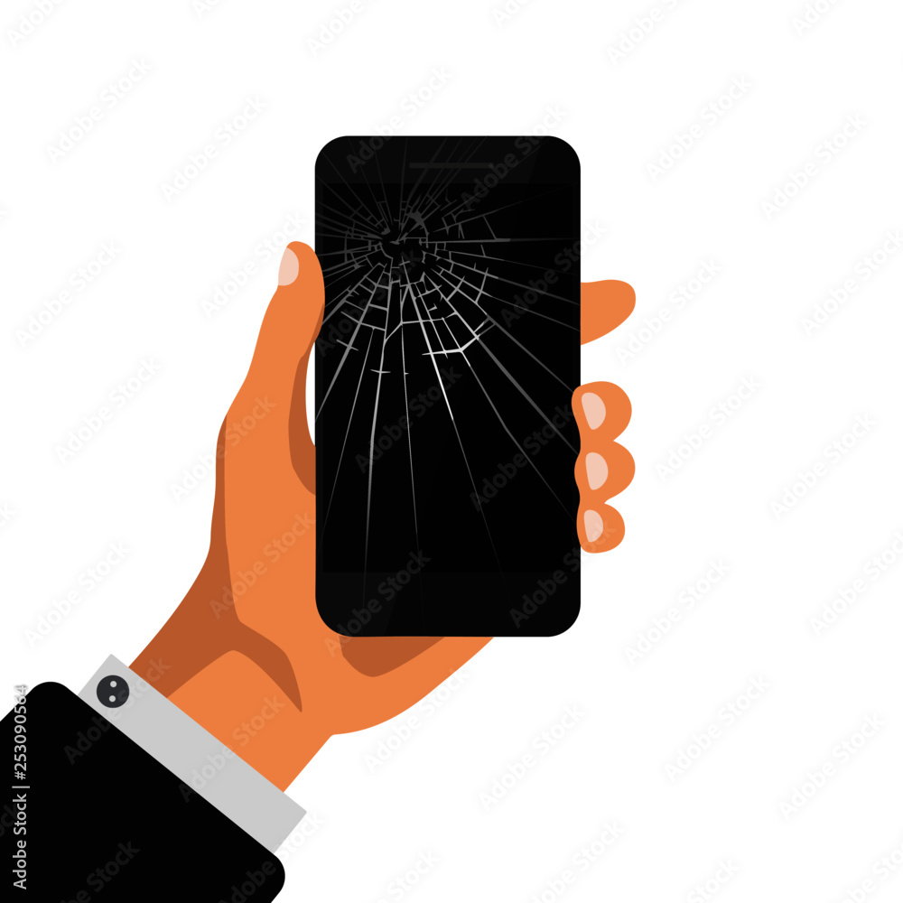Hand holding phone with broken black screen. Broken mobile phone ...