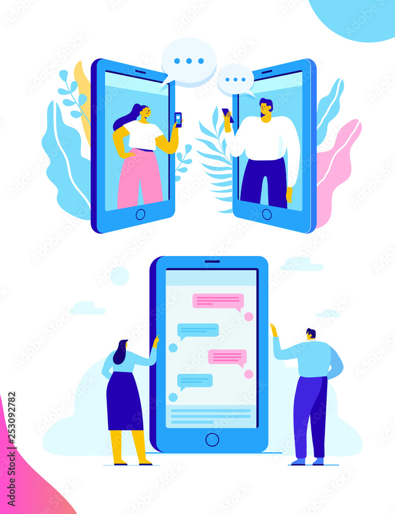 Virtual communication concept. Young couple Characters Chatting Using ...