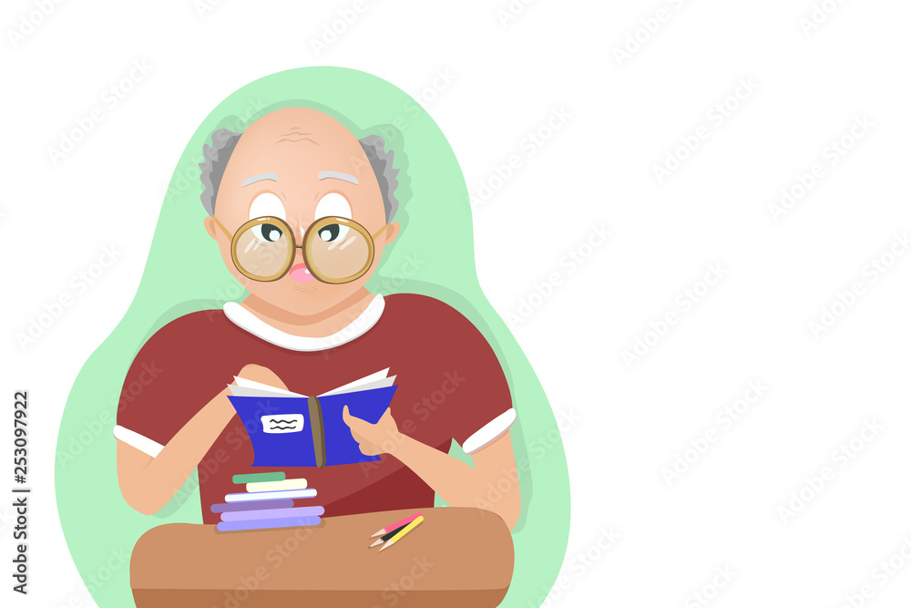 Old man reading a book, studying and learning concept, people cartoon ...
