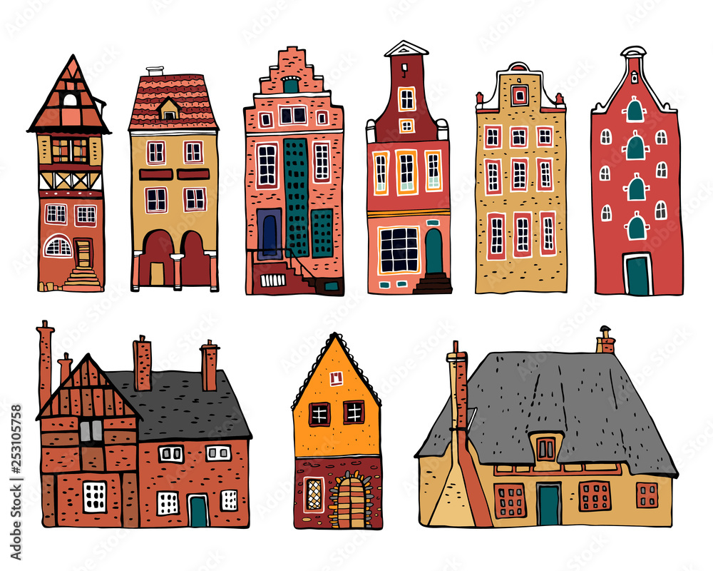 Vintage stone Europe houses. Set of old style building facades. Hand ...