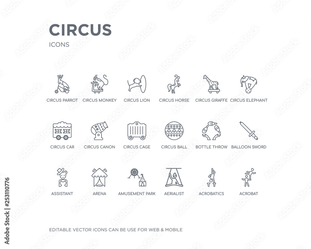 simple set of circus vector line icons. contains such icons as acrobat ...