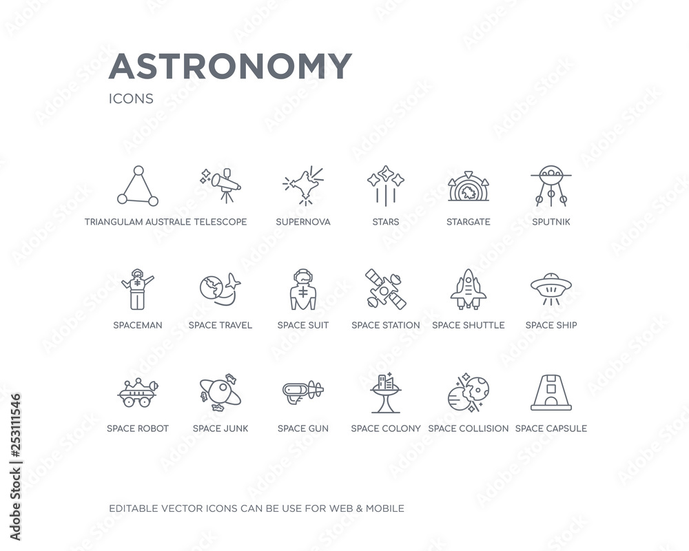 simple set of astronomy vector line icons. contains such icons as space capsule, space collision ...