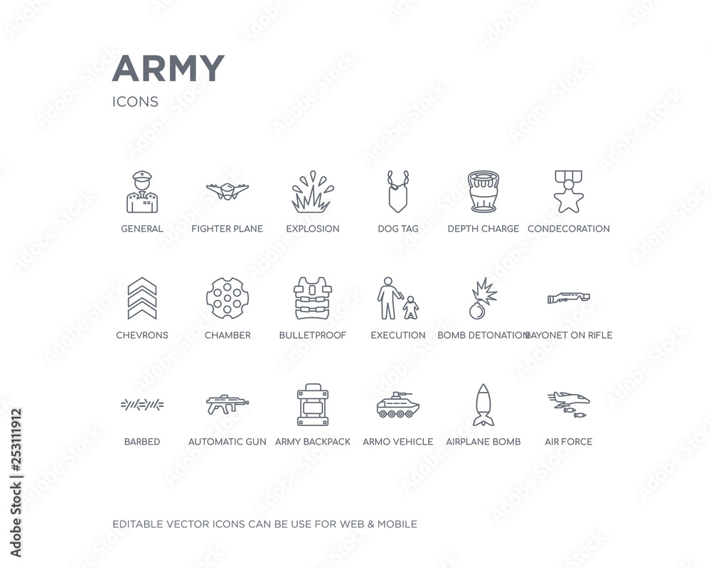 simple set of army vector line icons. contains such icons as air force ...