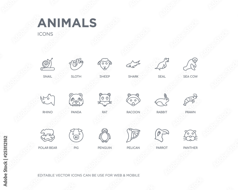 simple set of animals vector line icons. contains such icons as panther ...