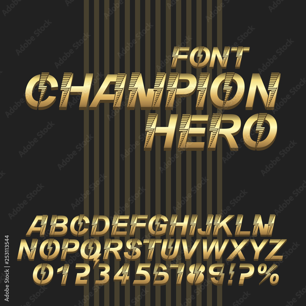 Champion Super hero font alphabet. 3D gold metallic letters and numbers ...