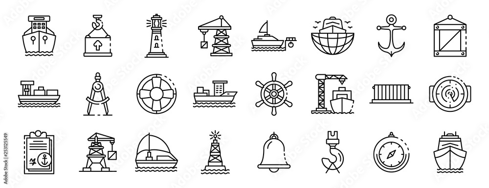 Marine port icons set. Outline set of marine port vector icons for web ...