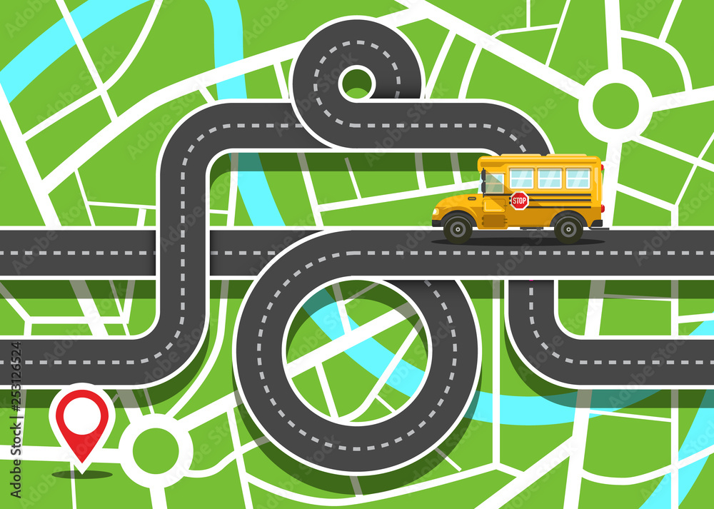 City Map with School Bus on Road and Destination Red Pin - Vector Stock ...