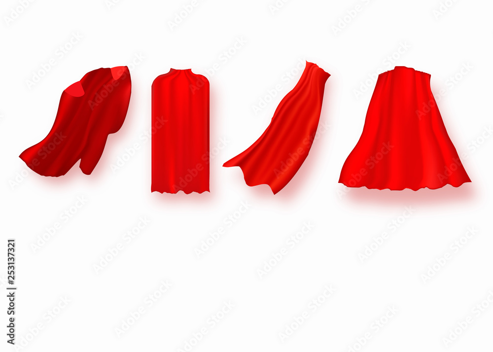 Superhero red cape in different positions, front, side and back view on ...