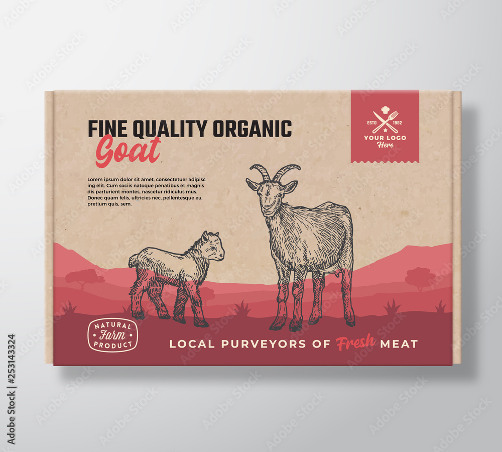Fine Quality Organic Goat. Vector Meat Packaging Label Design on a ...