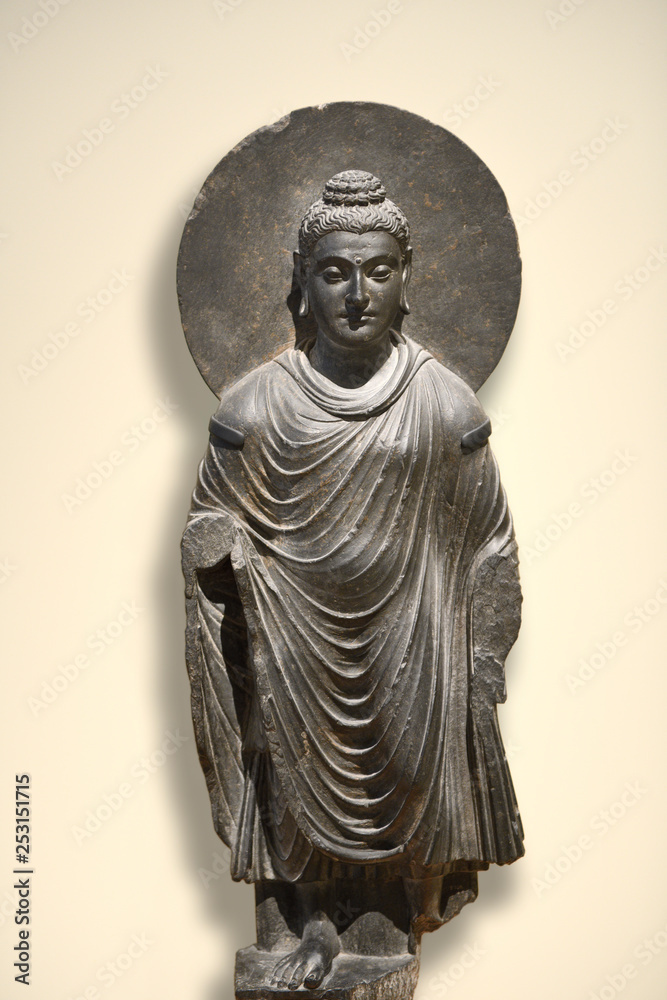 Standing Buddha Shakyamuni stone sculpture in grey schist with halo ...
