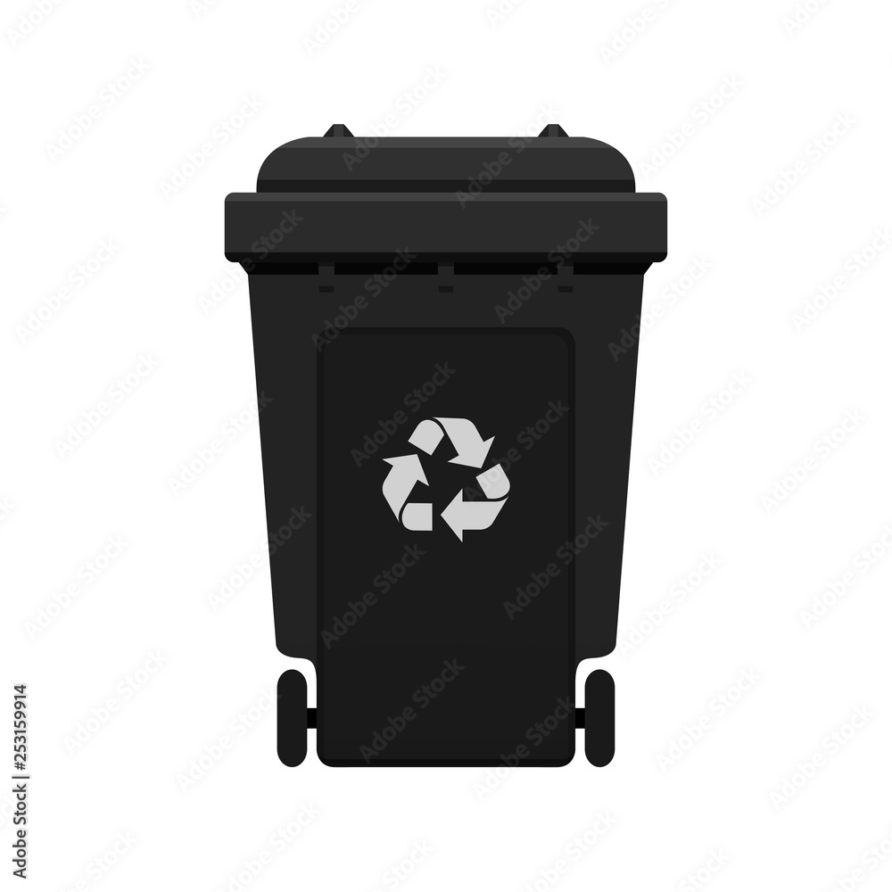 Bin, Recycle plastic black wheelie bin for waste isolated on white ...