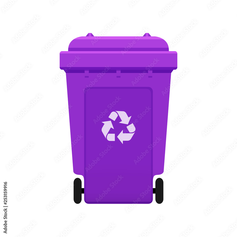 Bin, Recycle plastic purple wheelie bin for waste isolated on white ... Bin, Recycle plastic purple wheelie bin for waste isolated on white ...