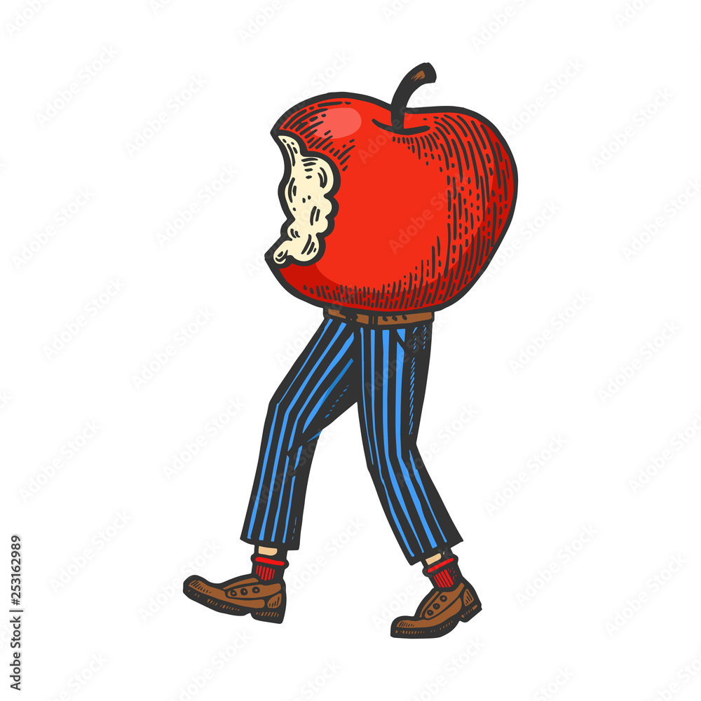 Bitten apple walks on its feet color sketch engraving vector ...