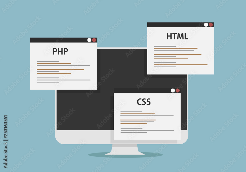 pc monitor with web programing languages pop up, php, html and css ... pc monitor with web programing languages pop up, php, html and css ...