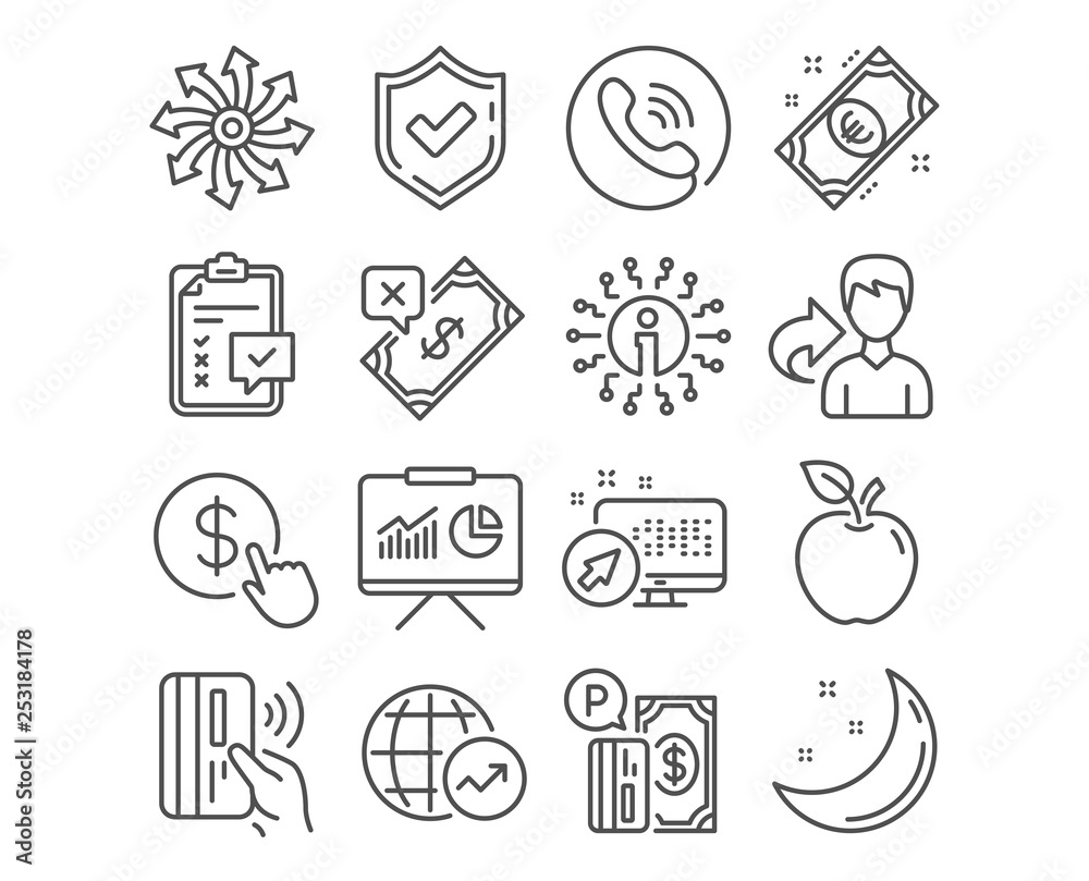 Set of Euro money, Versatile and World statistics icons. Parking ...