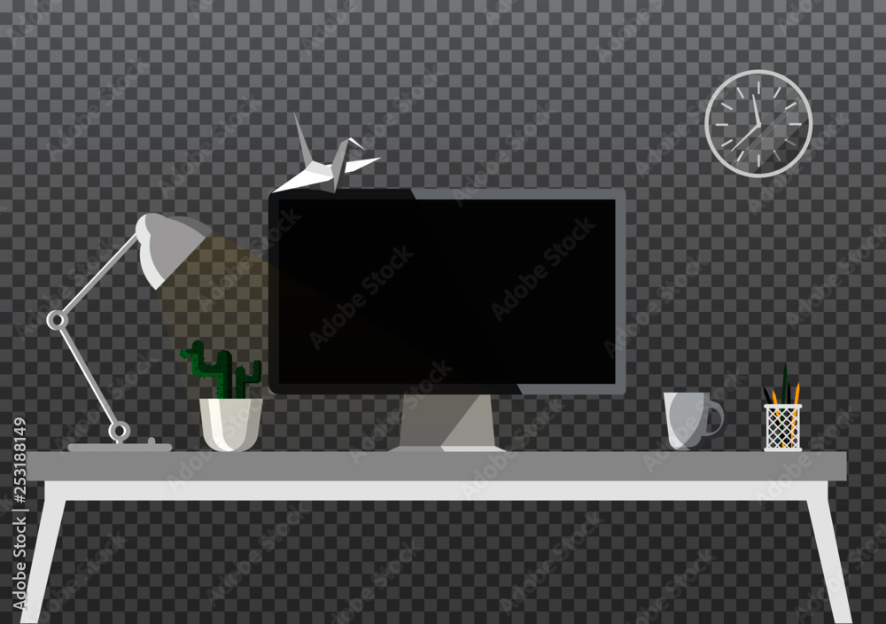 Flat style of creative workspace with black brick wall. Modern ...