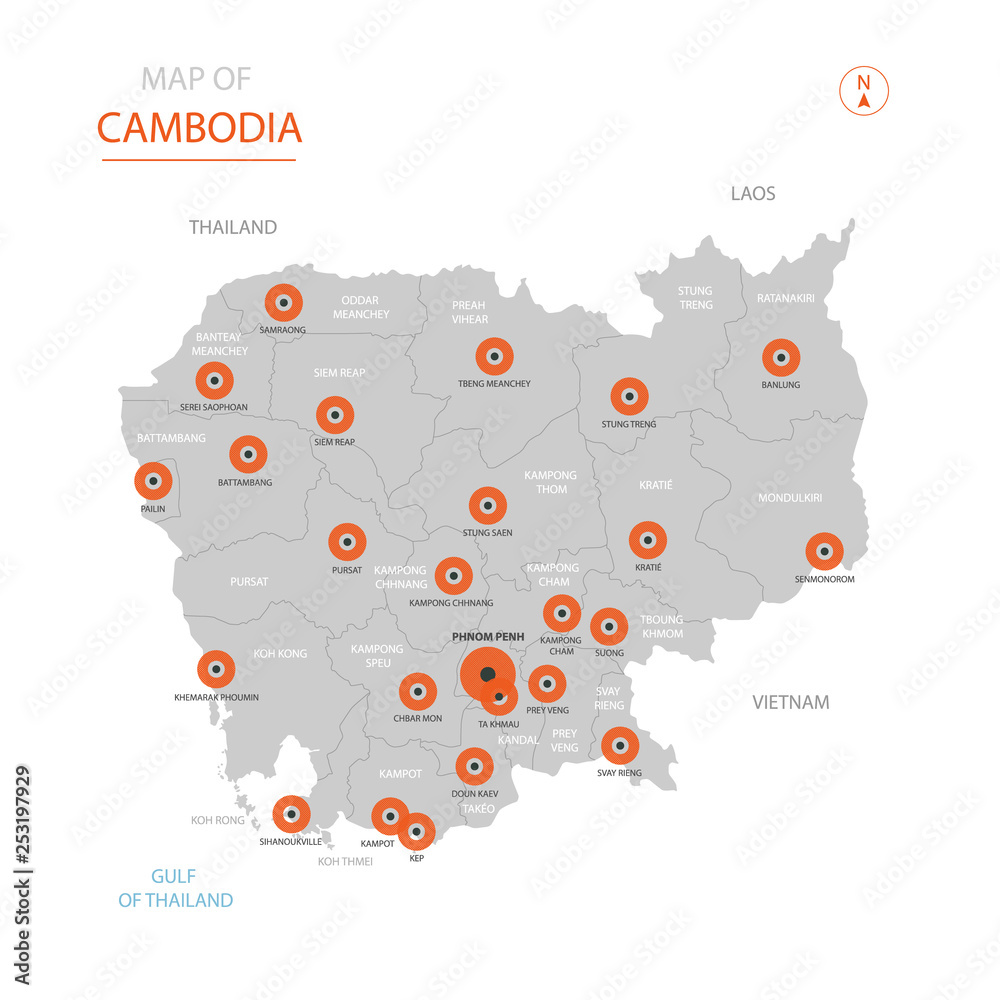 Stylized vector Cambodia map showing big cities, capital Phnom Penh ...