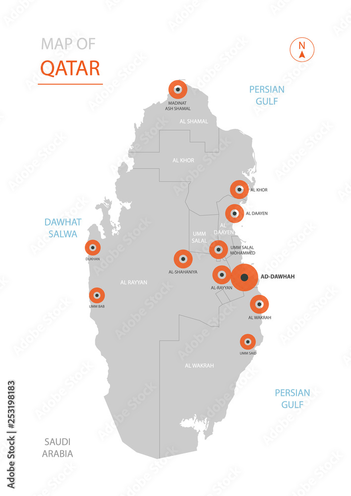 Stylized vector Qatar map showing big cities, capital Doha ...