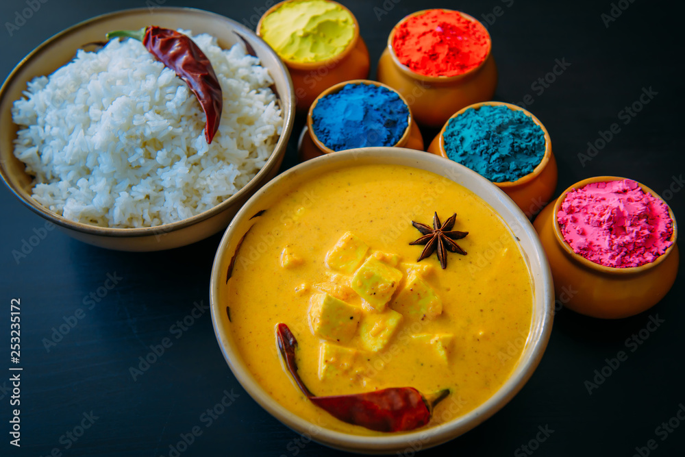 Holi indian festival of colors. Food with colours, steam rice, panir ...