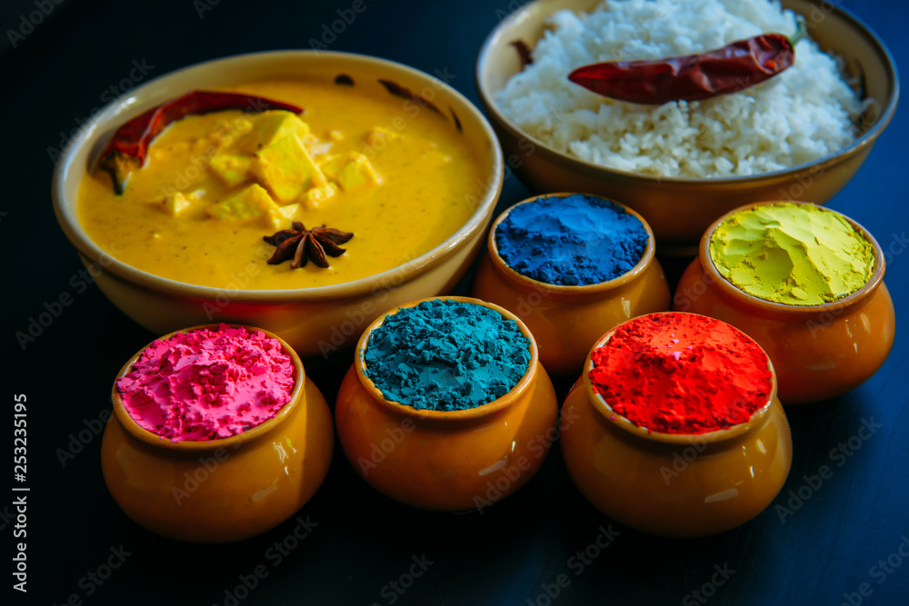Holi indian festival of colors. Food with colours, steam rice, panir ...
