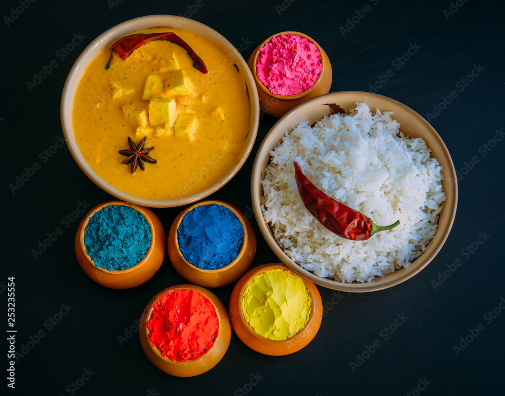 Holi indian festival of colors. Food with colours, steam rice, panir ...