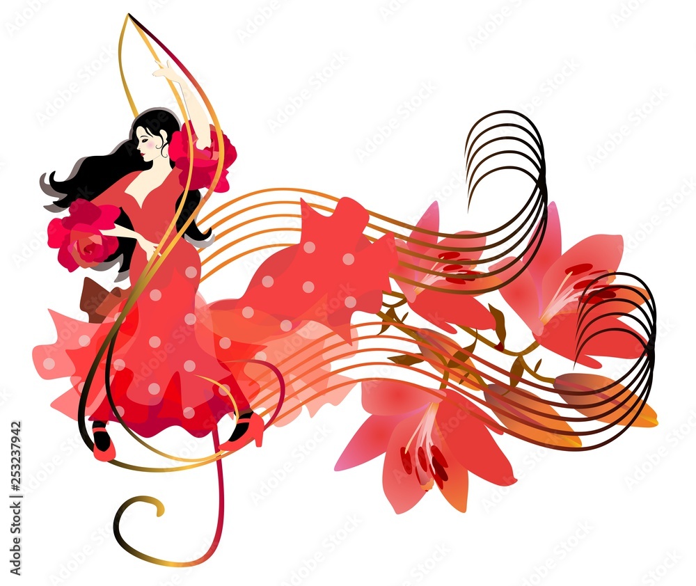 Beautiful Spanish girl in a red dress dancing on the treble clef. A ...