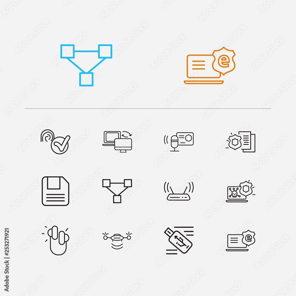 Hardware icons set. Audio recorder and hardware icons with earphones ...