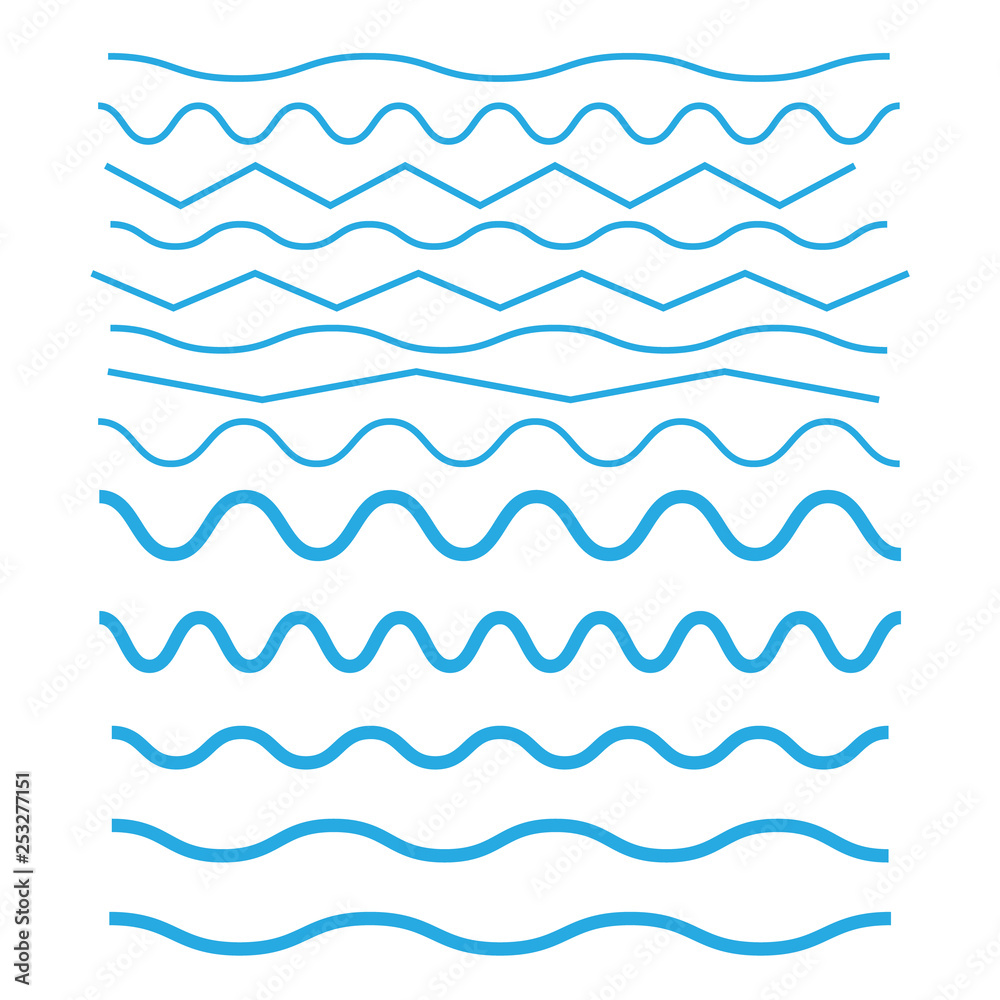 Set of wavy horizontal thin and thick lines. Waves outline icon. Wave ...