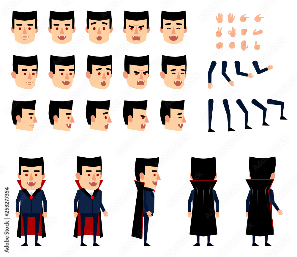 Vampire in dark suit creation set. Various gestures, emotions, diverse ...