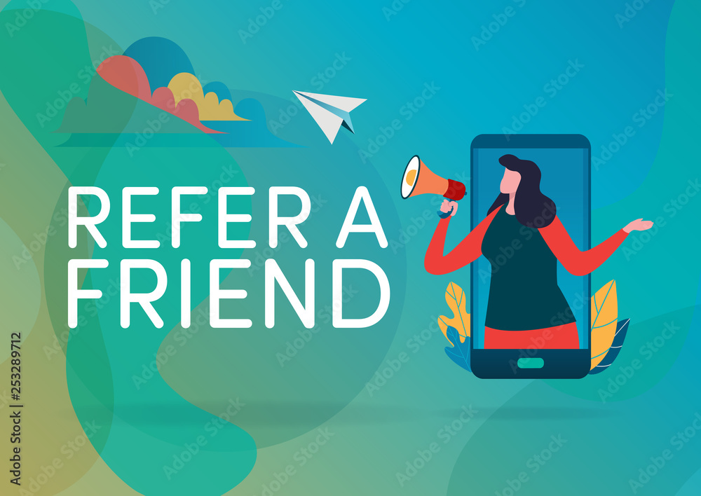 Refer a friend vector illustration. People use megaphone with refer a ...