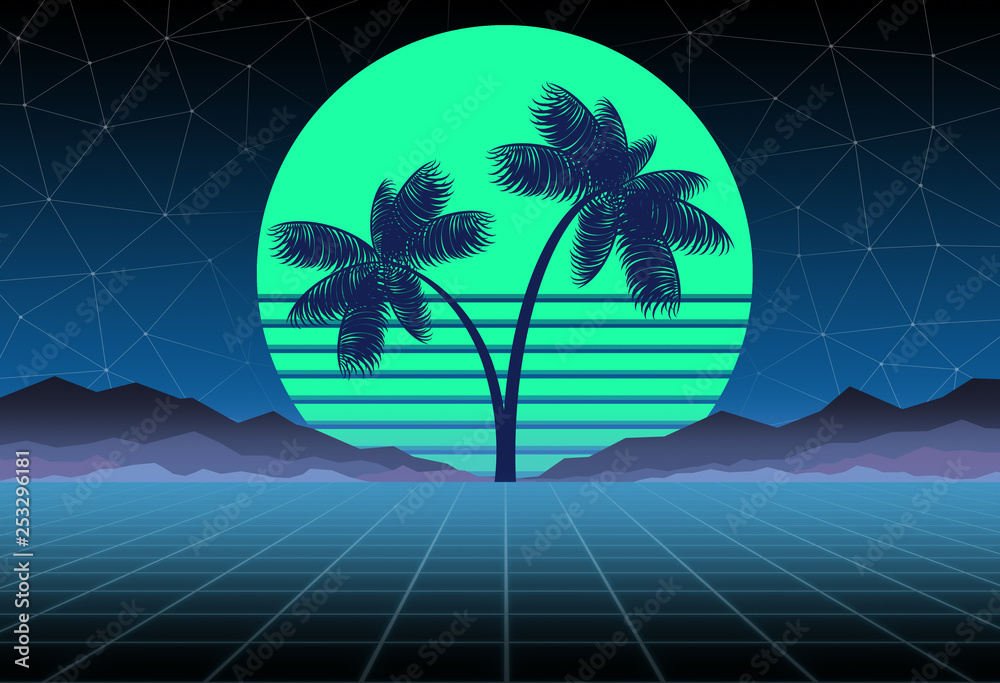 Synthwave and retrowave background template. Palms, sun and space in ...