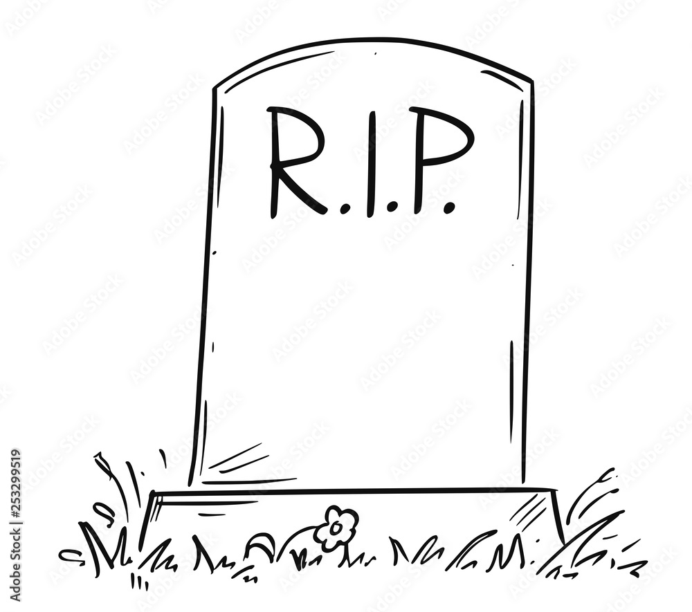 Cartoon conceptual drawing or illustration of tombstone with RIP or R.I ...