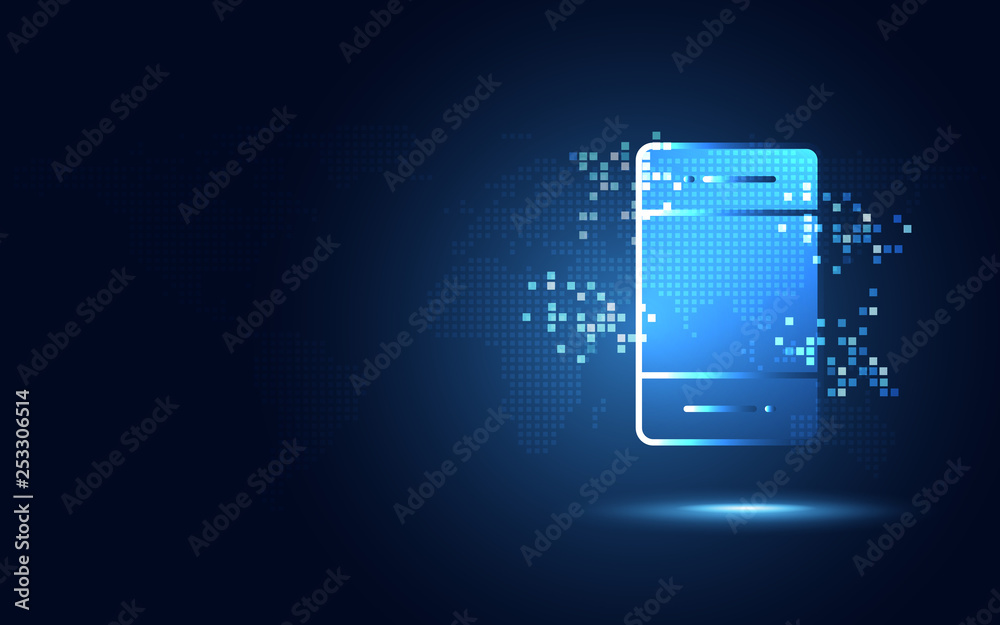 Futuristic blue smartphone with pixels abstract technology background ...