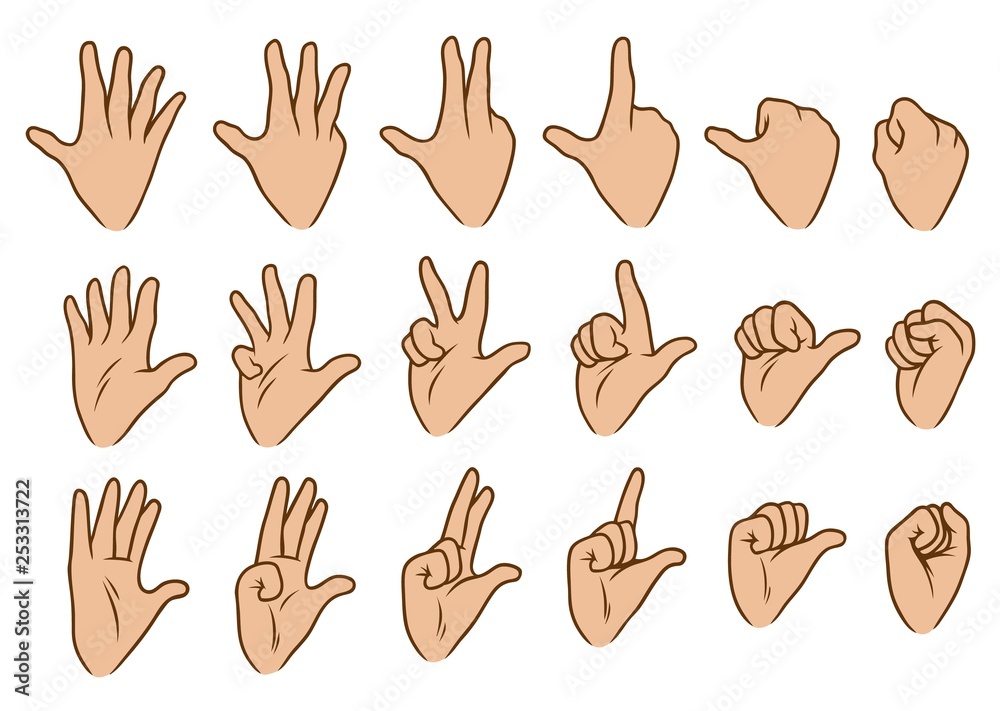 Cartoon graphic white human hands. Showing fingers and knuckles gesture ...