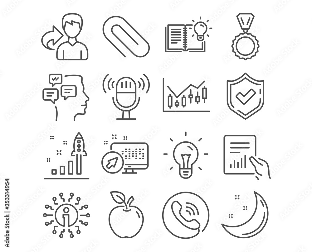 Set of Document, Messages and Financial diagram icons. Microphone, Idea ...