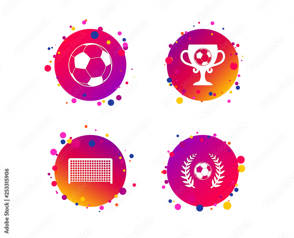 Football icons. Soccer ball sport sign. Goalkeeper gate symbol. Winner ...